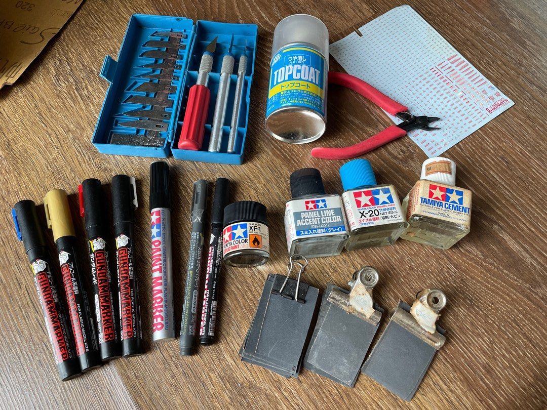 Gundam gunpla crating tools - pen, paint, cutters, knife, sandpapers ...
