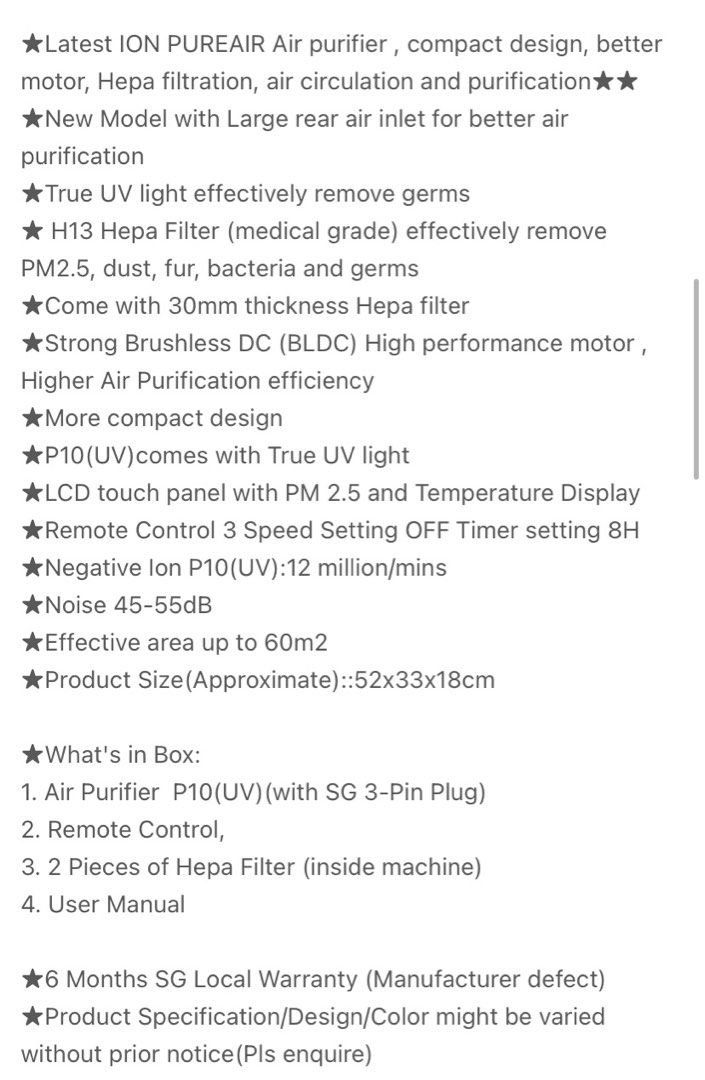 ION PUREAIR Air Purifier P10(UV), TV & Home Appliances, Air Purifiers & Dehumidifiers on Carousell