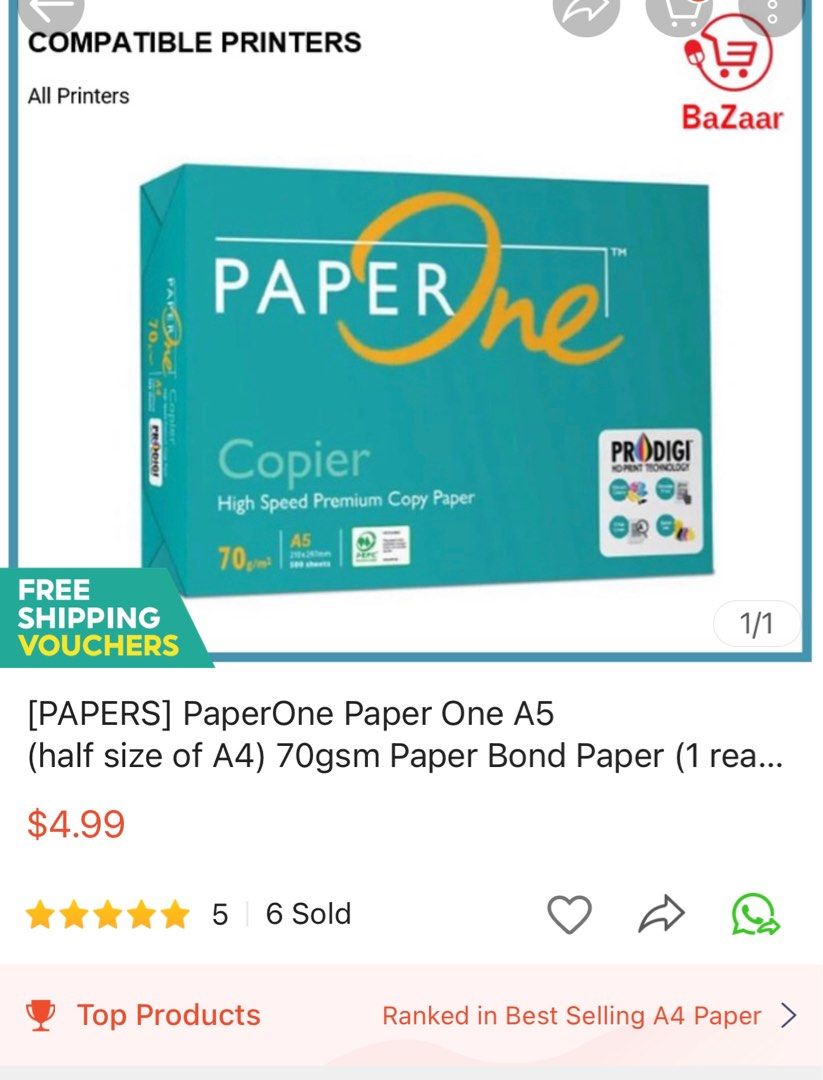 Paper One A5 size paper 1 ream 500 sheets, Computers & Tech, Printers ...
