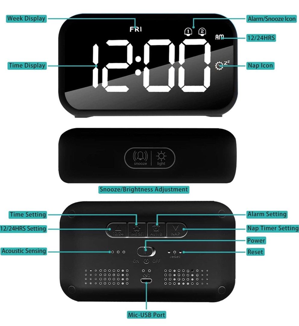 Rechargeable Digital Alarm Clock(Black), Furniture & Home Living, Home ...