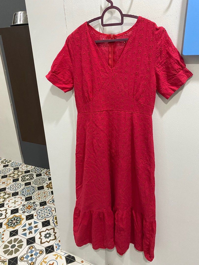 Red Eyelet Midi Dress, Women's Fashion, Dresses & Sets, Dresses on ...