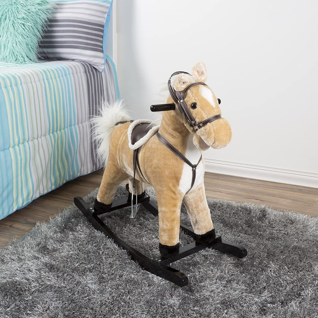 Rocking Horse Plush Animal on Wooden Rockers with Sounds, Stirrups ...