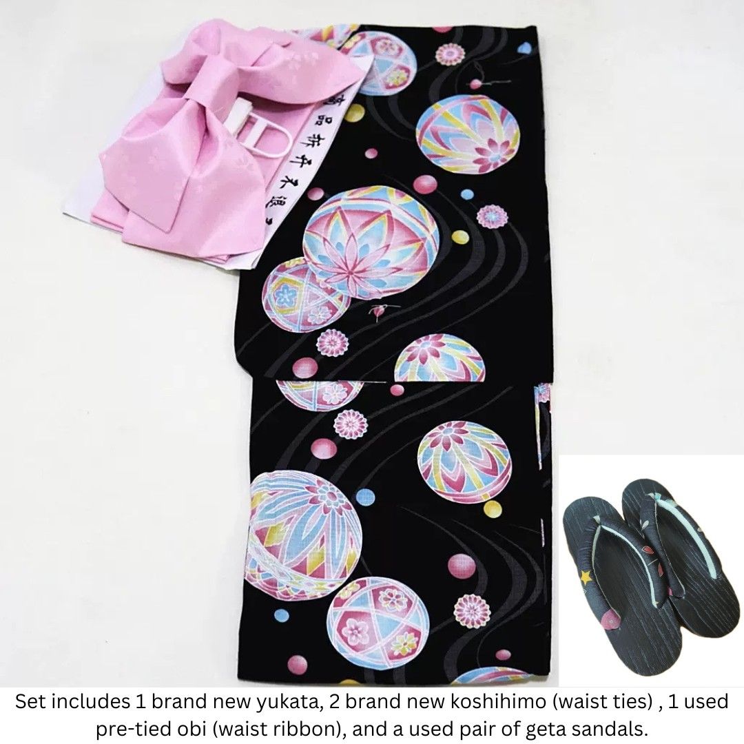 Yukata Set (Black/Pink) Japanese Traditional Clothing Costume Japan ...