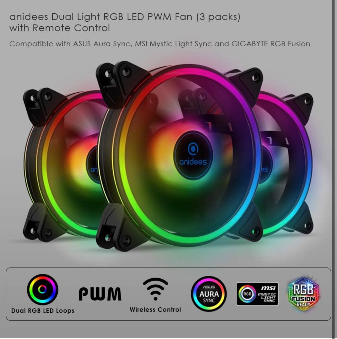 anidees AI Tesseract Duo 120mm RGB PWM Fan x3 Compatible with ASUS Aura ...
