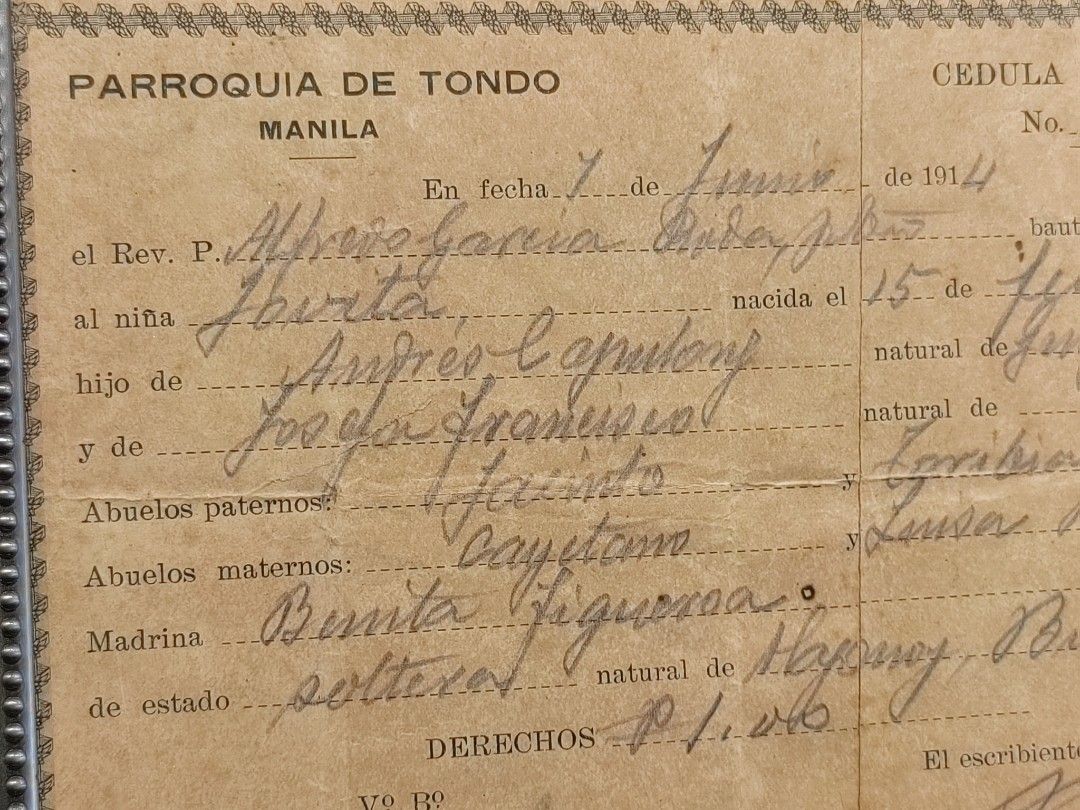 Antique 1914 Cedula de Bautizo Parroquia de Tondo Manila, Hobbies ...