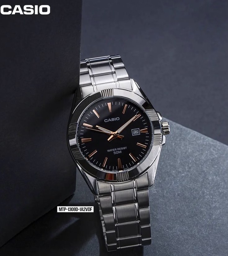 Casio ENTICER MTP-1308D-1A2 Men's Analog Quartz Watch MTP1308D-1A2 Steel Black Dial MTP1308 ...