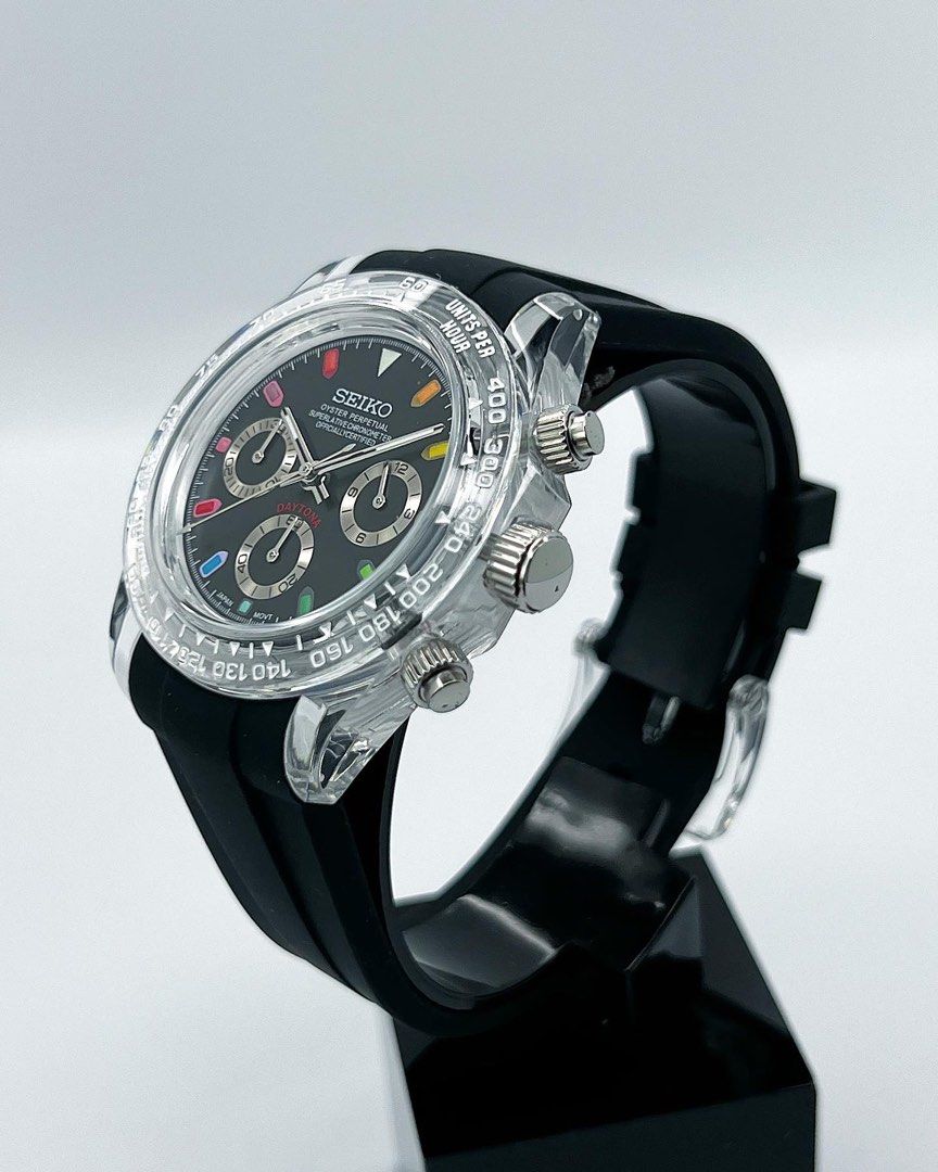 Custom Seiko Mod See thru clear Rainbow Daytona Quartz Chronograph ...