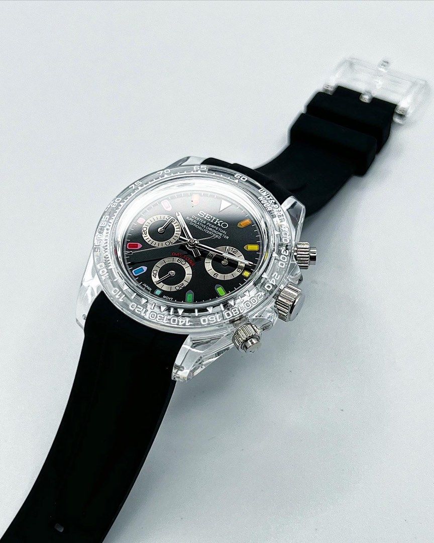 Custom Seiko Mod See thru clear Rainbow Daytona Quartz Chronograph ...