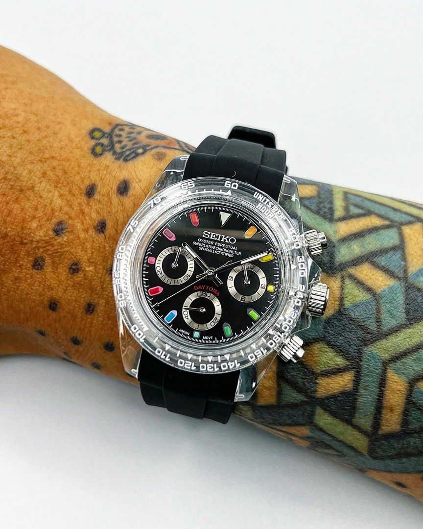 Custom Seiko Mod See thru clear Rainbow Daytona Quartz Chronograph ...
