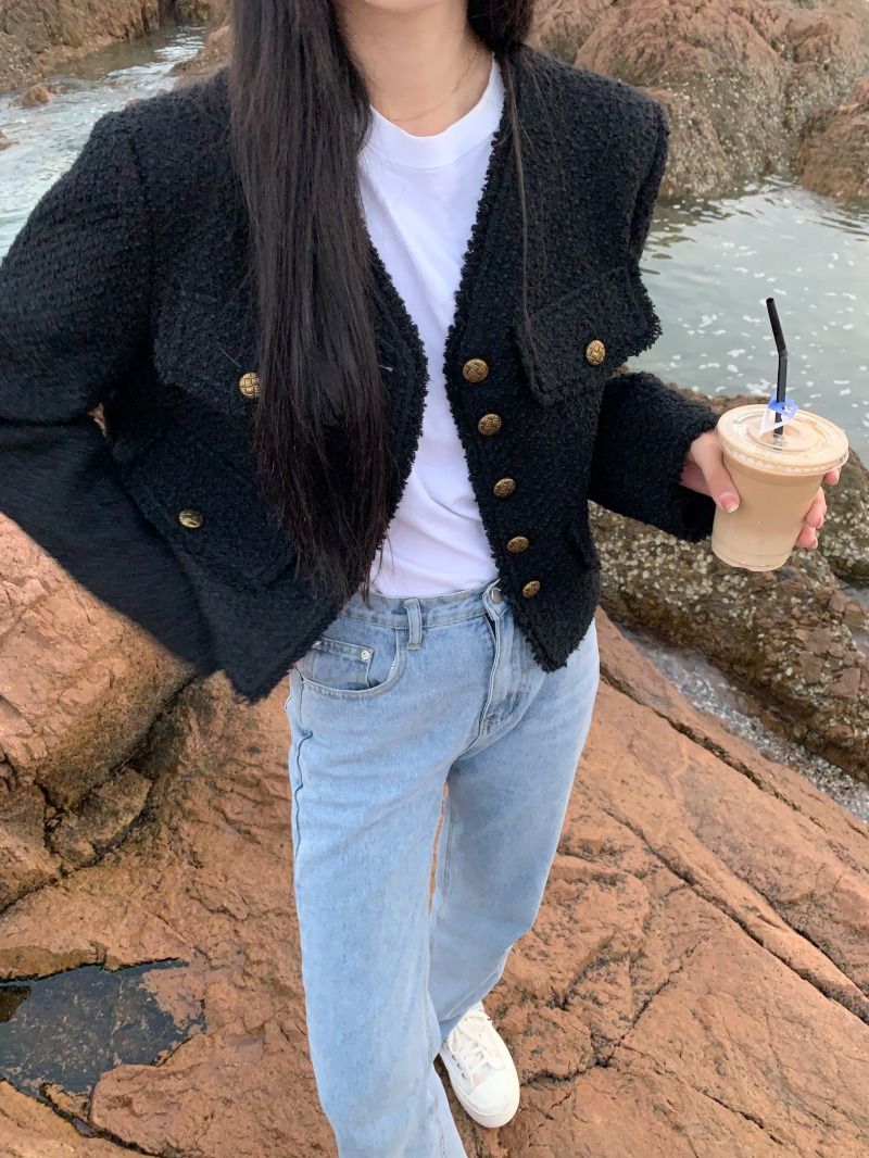 INSTOCKS Preppy tweed jacket military - black, Women's Fashion, Coats ...