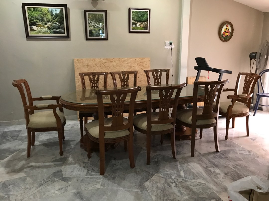 Jati Dining Table (Curved + Glass Topping), 8 Seater, Furniture & Home ...