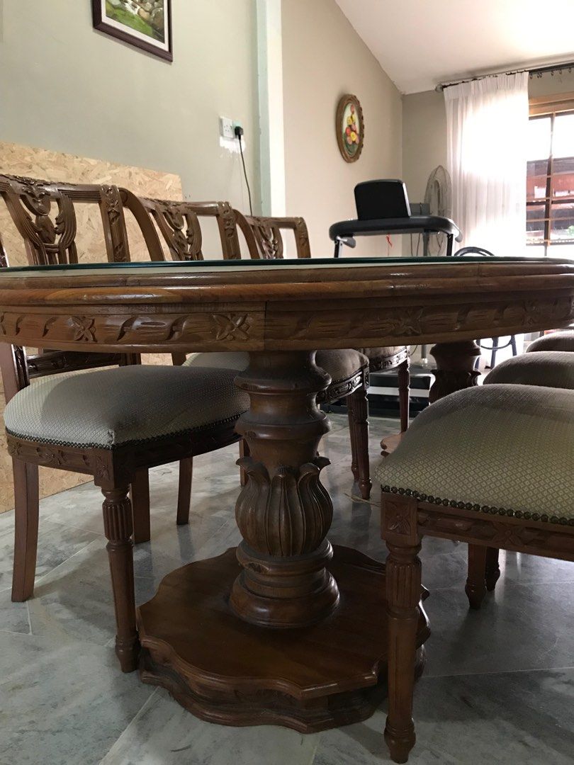 Jati Dining Table (Curved + Glass Topping), 8 Seater, Furniture & Home ...