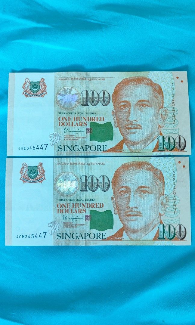 Same serial number, nice number, banknotes, 100 SGD notes, Hobbies ...