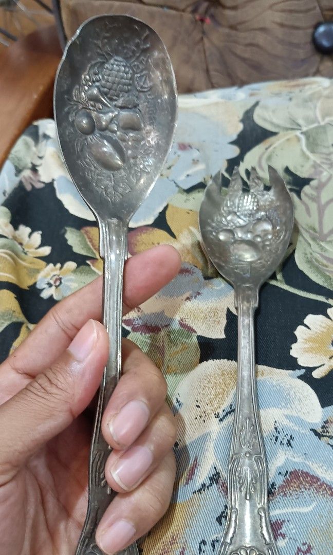 Sudu garfu saiz besar & penyepit makanan @ sandwich. Silver plated ...