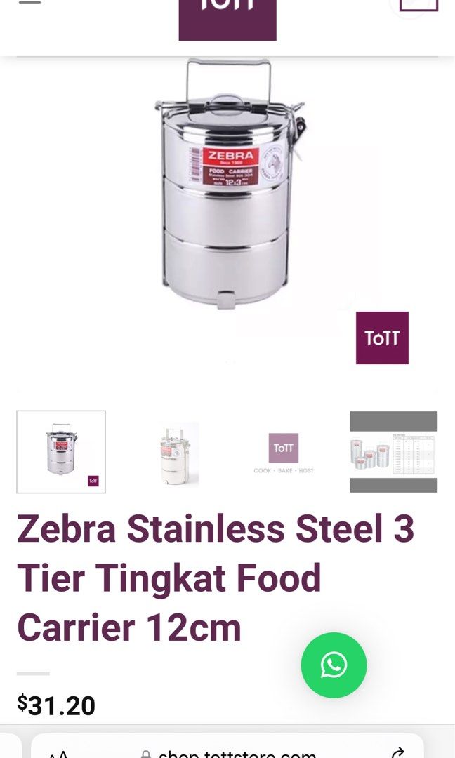 Zebra Stainless Steel 3 Tier Tingkat Food Container - 12cm, Furniture ...