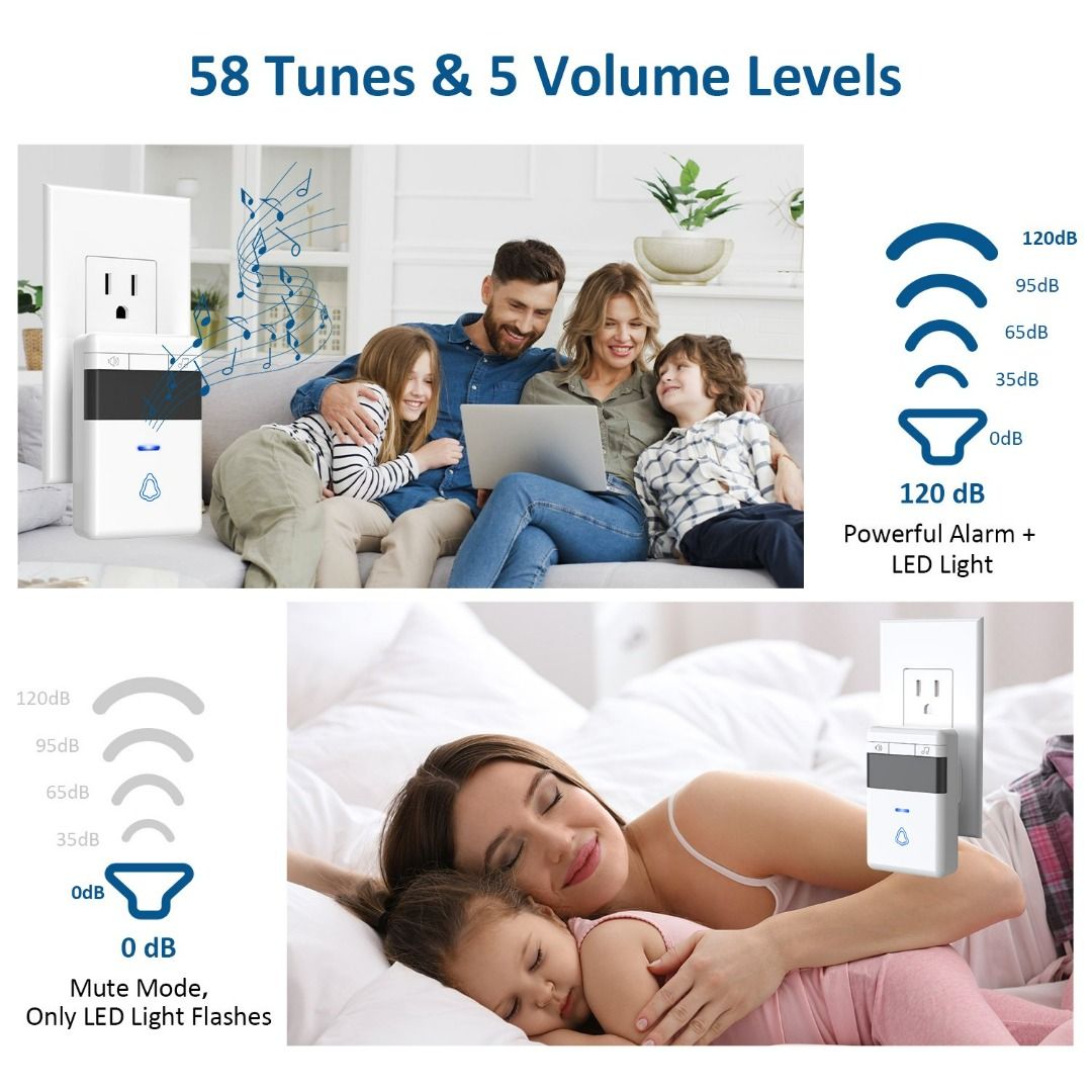1509) Wireless Doorbell Waterproof Door Chime Push Button 58 Chimes 5 ...