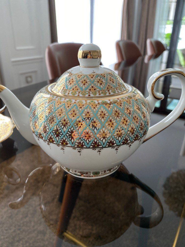 Beautiful fine bone China teapot and teacup set; hand painted; Thailand ...