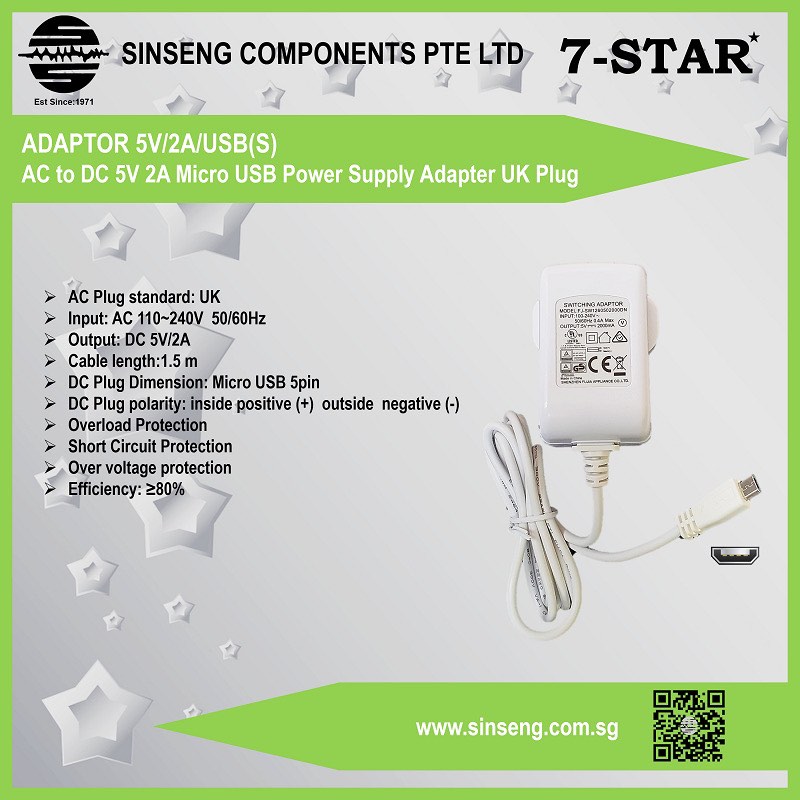 5V/2A USB Power Adapter 3 Pin UK Plug 2M Cable Micro USB Adaptor, White ...