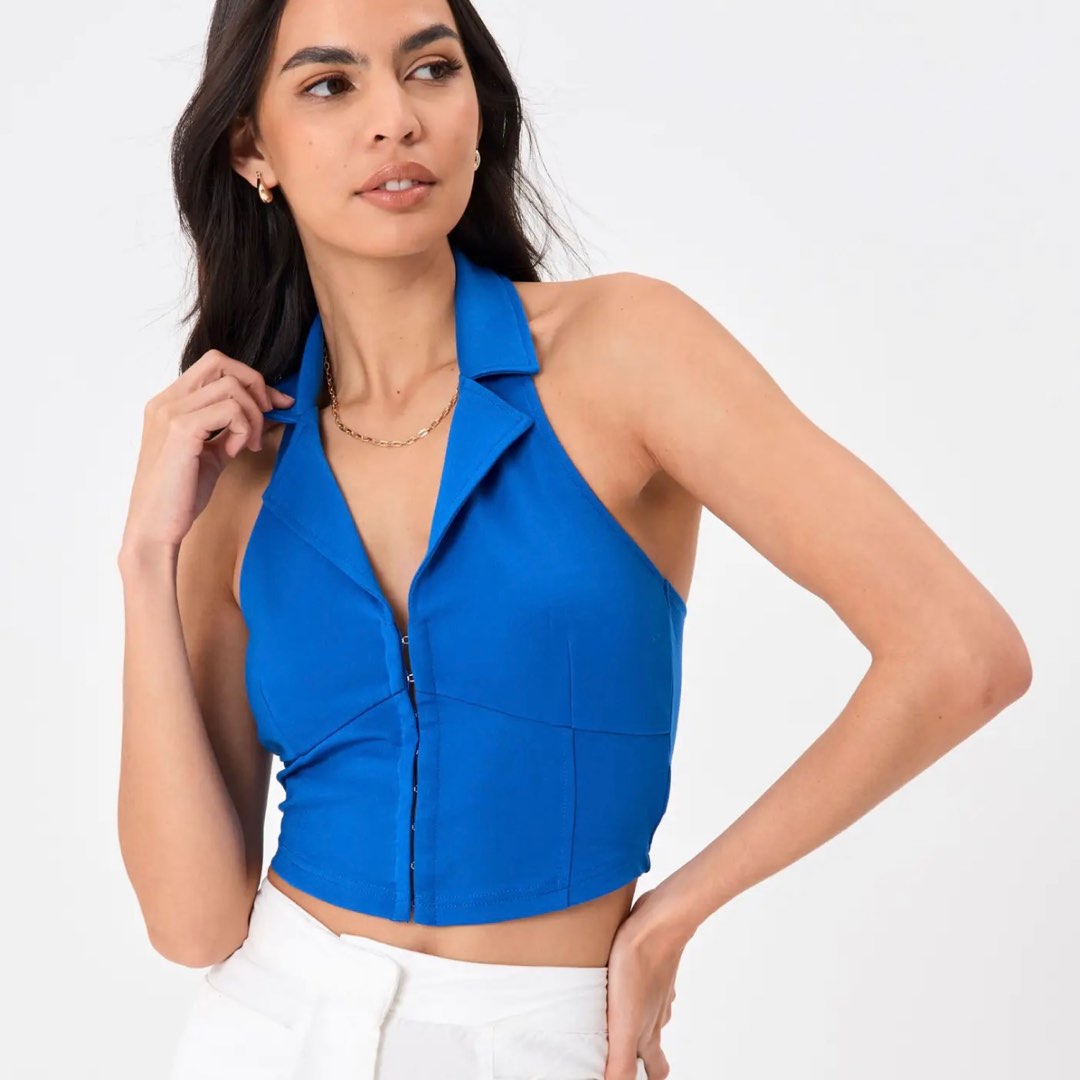Glassons Halter Hook & Eye Top Blue, Women's Fashion, Tops, Sleeveless ...