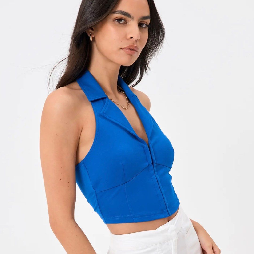 Glassons Halter Hook & Eye Top Blue, Women's Fashion, Tops, Sleeveless ...