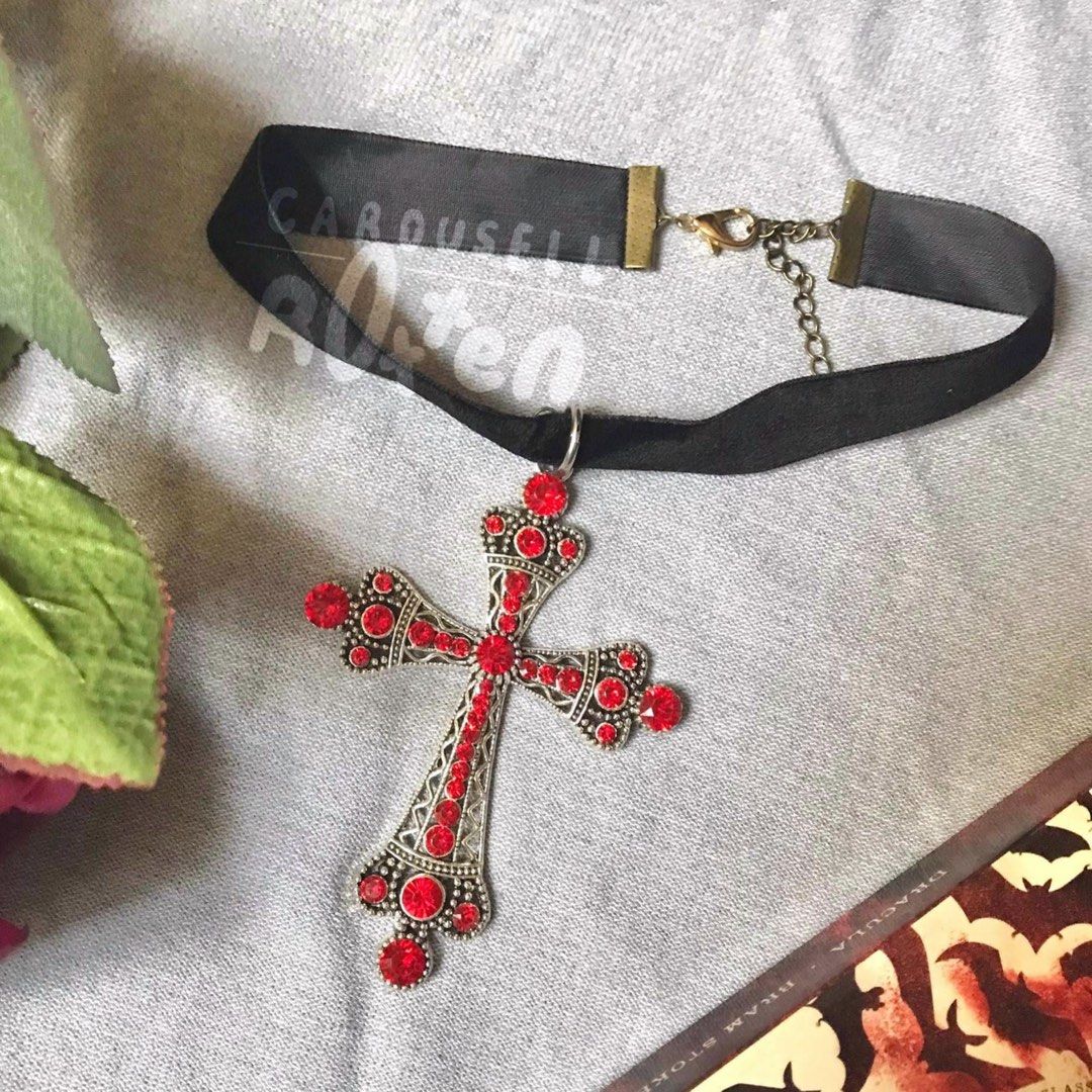Gothic Vampire Red Cross Choker (GOTH, LOLITA, ALT), Women's Fashion ...