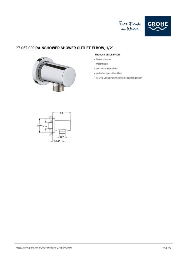 Grohe Shower Outlet Elbow Art. 27057000, Furniture & Home Living ...