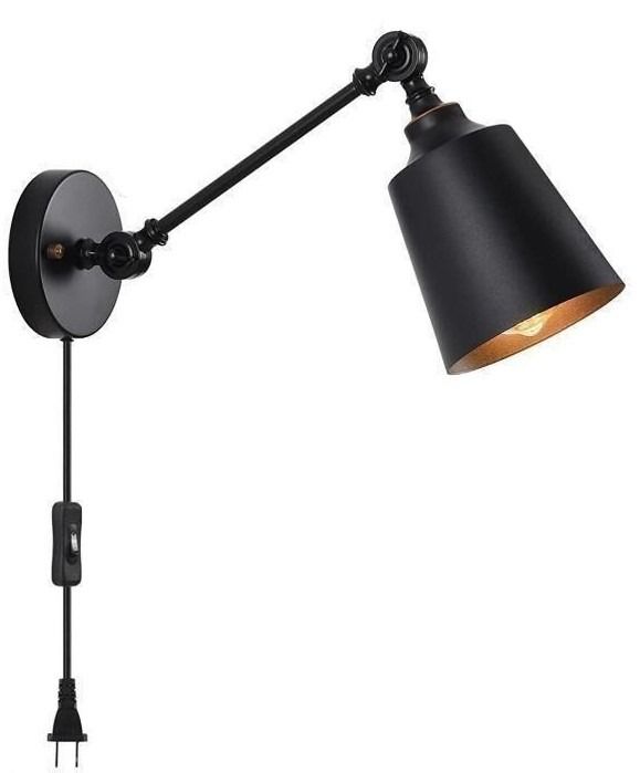 H2410 ( 3 PIN PLUG ) 1 PIECE BLACK Wall Lights Plug in Adjustable Swing ...