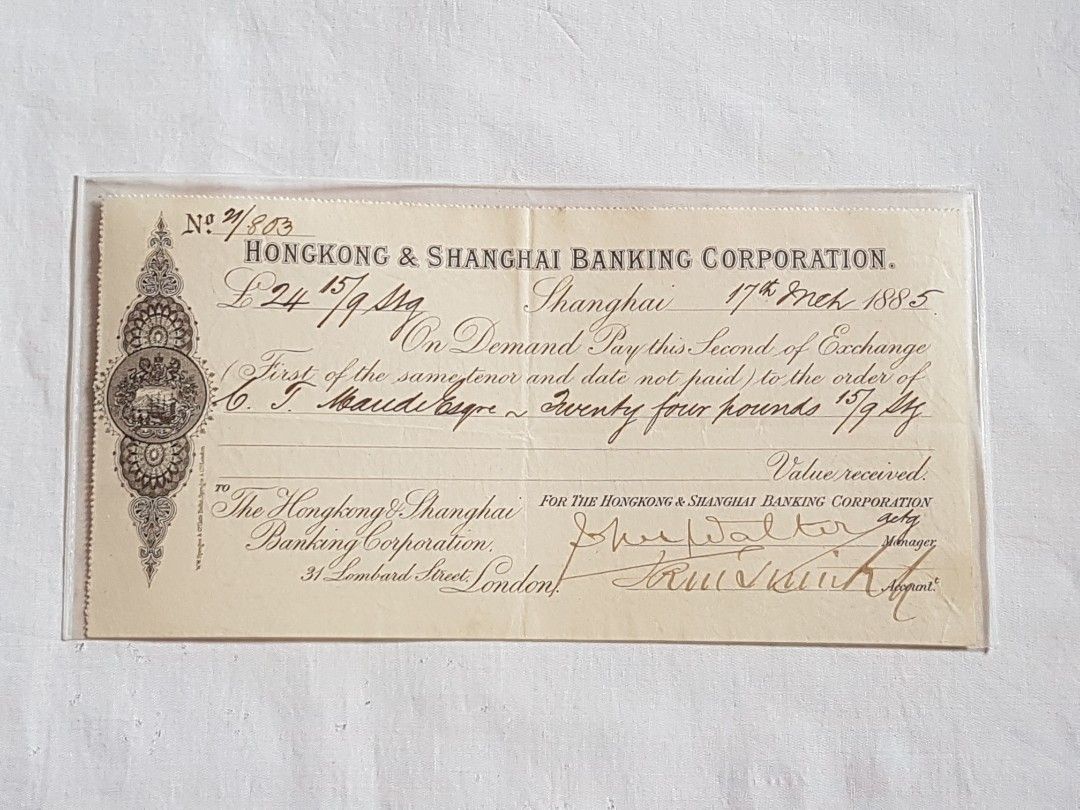 Hong Kong & Shanghai Banking Corporation Cheque 1885, Hobbies & Toys ...