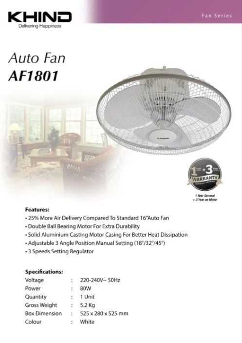 Khind Auto Fan AF1801, TV & Home Appliances, Electrical, Adaptors ...