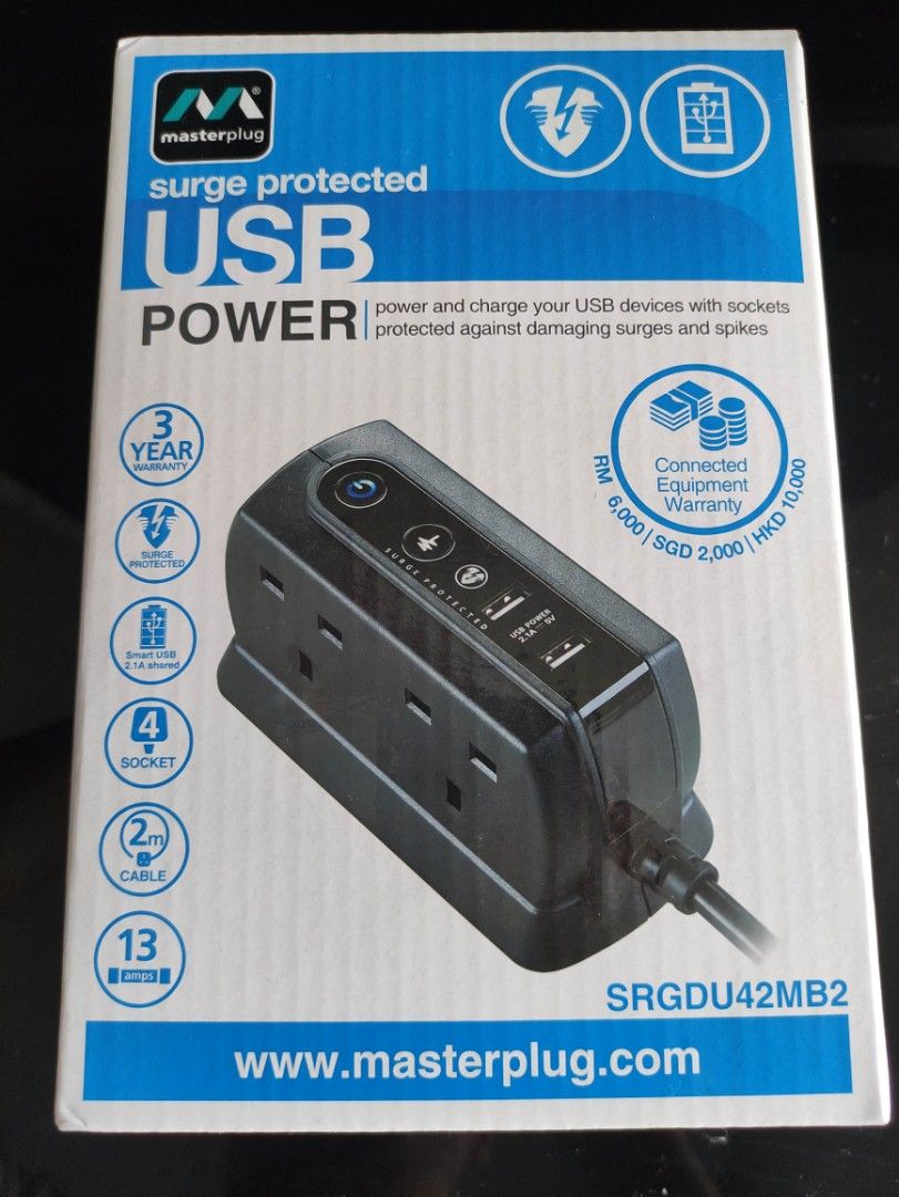 Masterplug Surge Protected USB Power Extension Plug, TV & Home ...