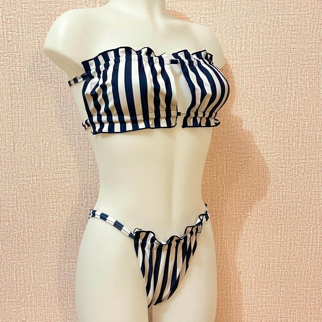 Nautical Navy Blue White Vertical Stripe Padded Bandeau String Cheeky 2
