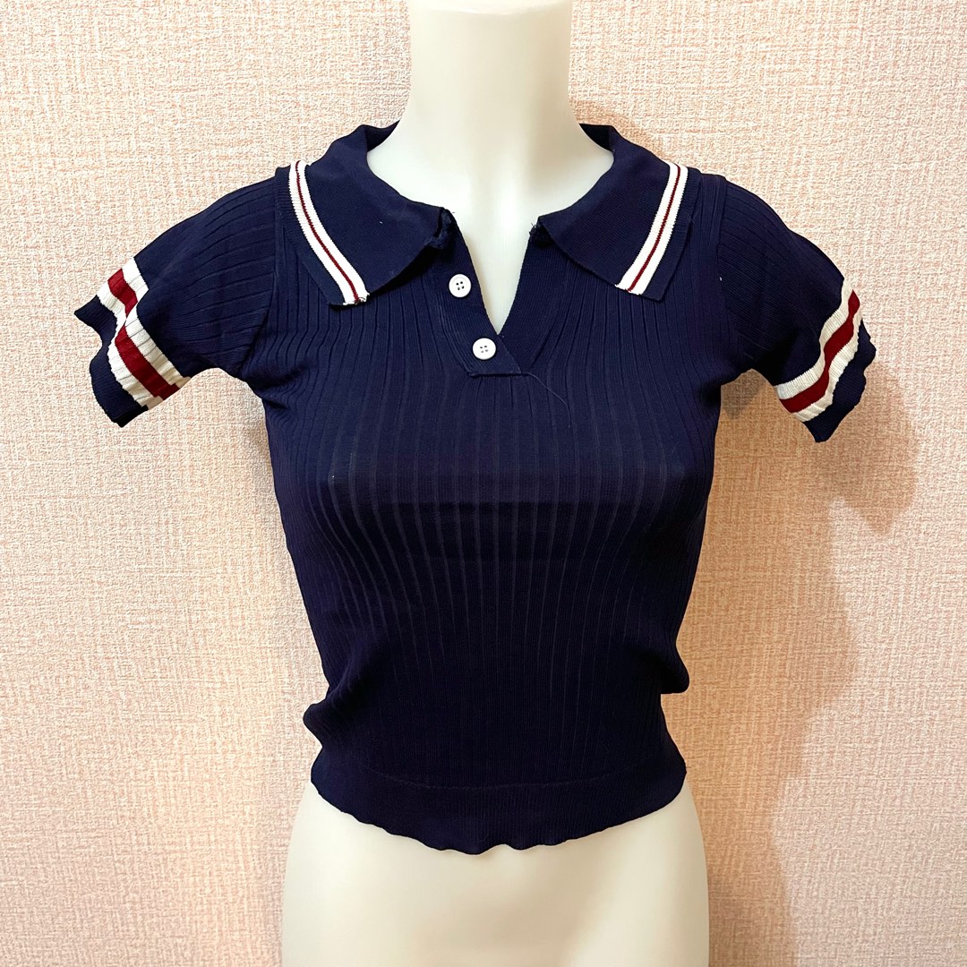 Navy Blue Collared Striped Vintage Cropped Knitted Retro Top, Women's ...