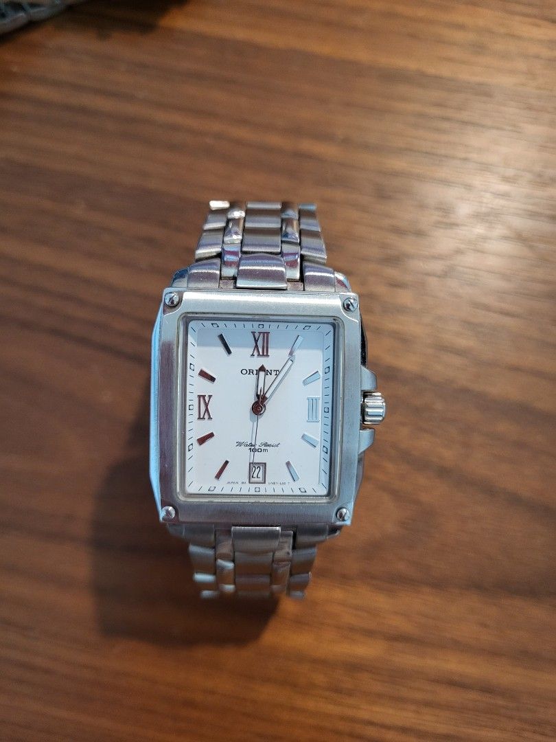 Orient rectangle face men's watch date analog water resist 100m, 男裝, 手錶 ...