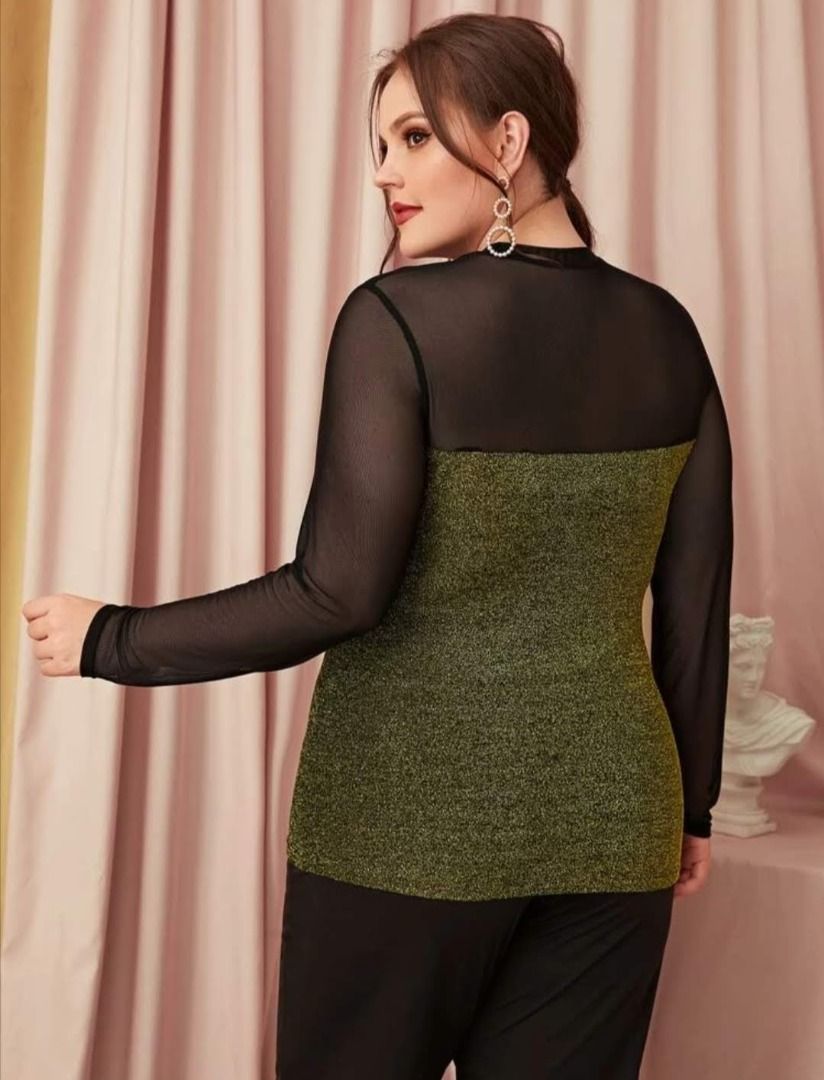 Shein Plus Sheer Mesh Yoke Glitter Top Womens Fashion Tops
