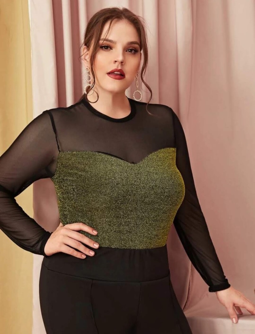 SHEIN PLUS SHEER MESH YOKE GLITTER TOP, Women's Fashion, Tops ...