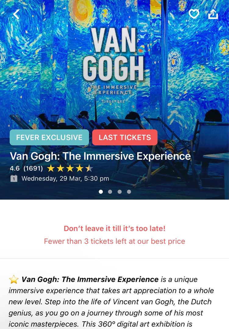 Van Gogh ticket x1, Tickets & Vouchers, Event Tickets on Carousell