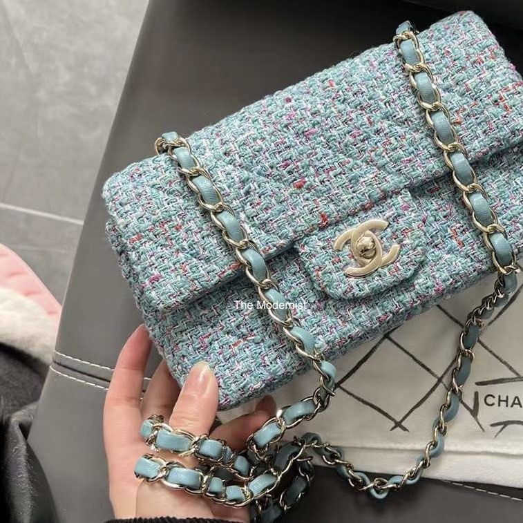 Authentic Chanel Light Blue Tweed Mini Flap Bag Gold Hardware, Luxury ...