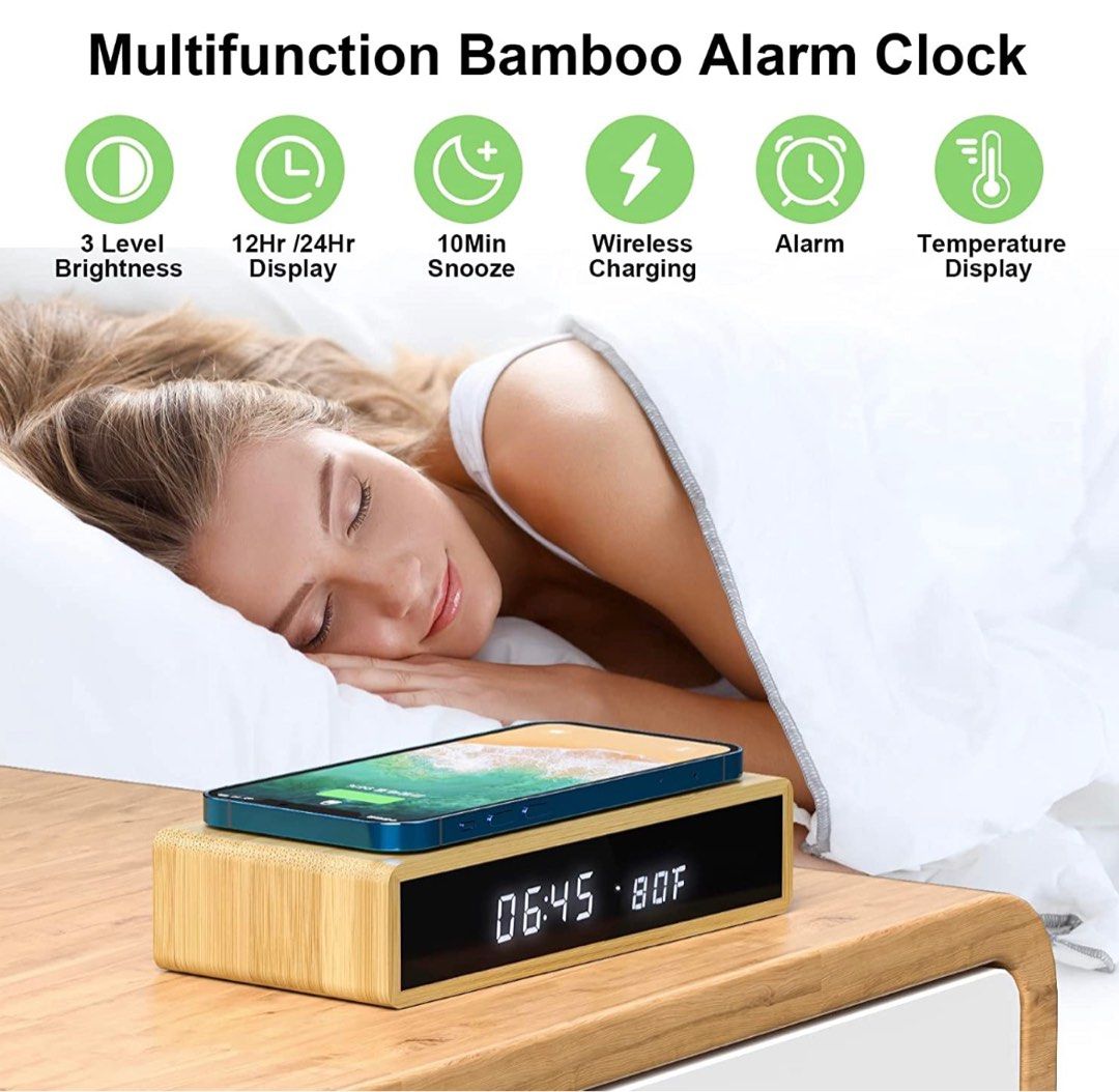 Bamboo Digital Alarm Clock Wireless Charging, Furniture & Home Living ...