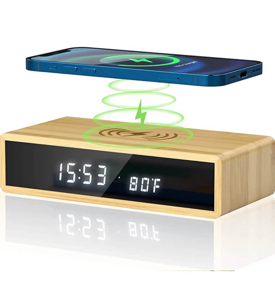 Bamboo Digital Alarm Clock Wireless Charging, Furniture & Home Living ...