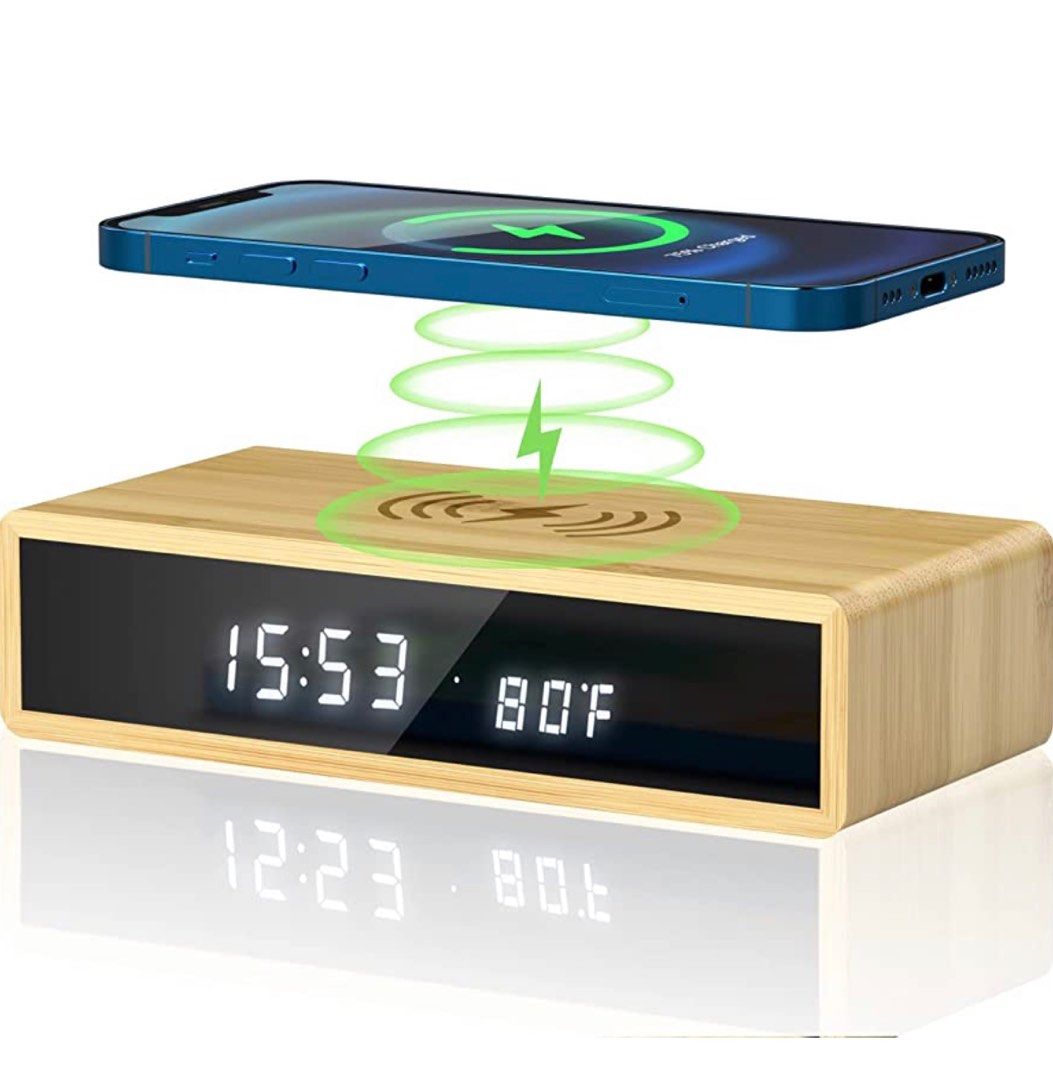 Bamboo Digital Alarm Clock Wireless Charging, Furniture & Home Living ...