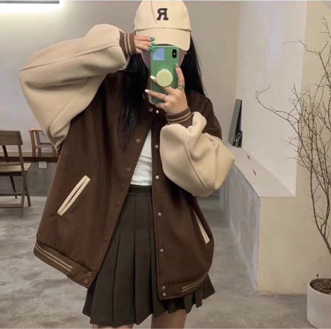 brown baseball jacket, Women's Fashion, Coats, Jackets and Outerwear on ...