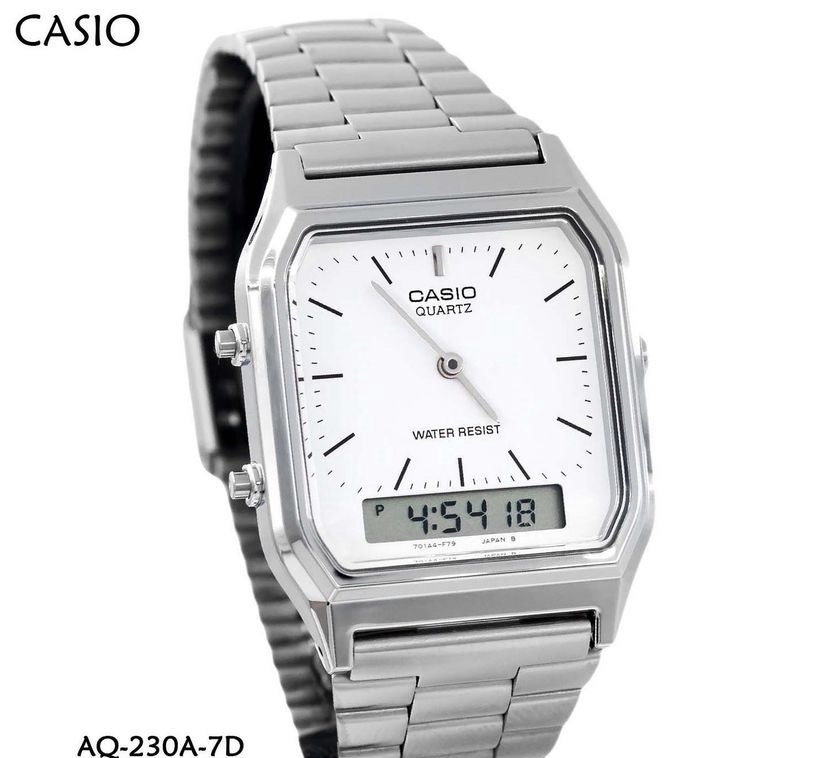 Casio AQ-230A-7D Vintage Dual Time AQ230A-7D Silver Tone AQ230 Brand ...