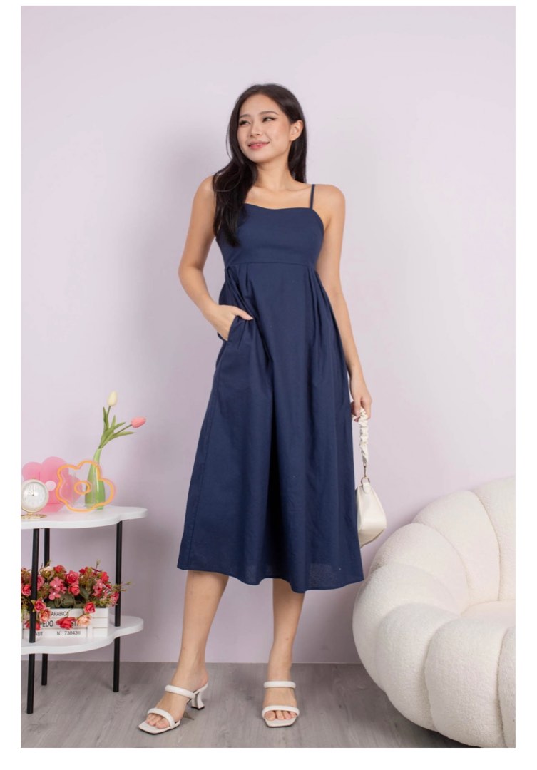 MGP Label Katherine Pleated MIDI Dress - Navy, Women's Fashion, Dresses ...