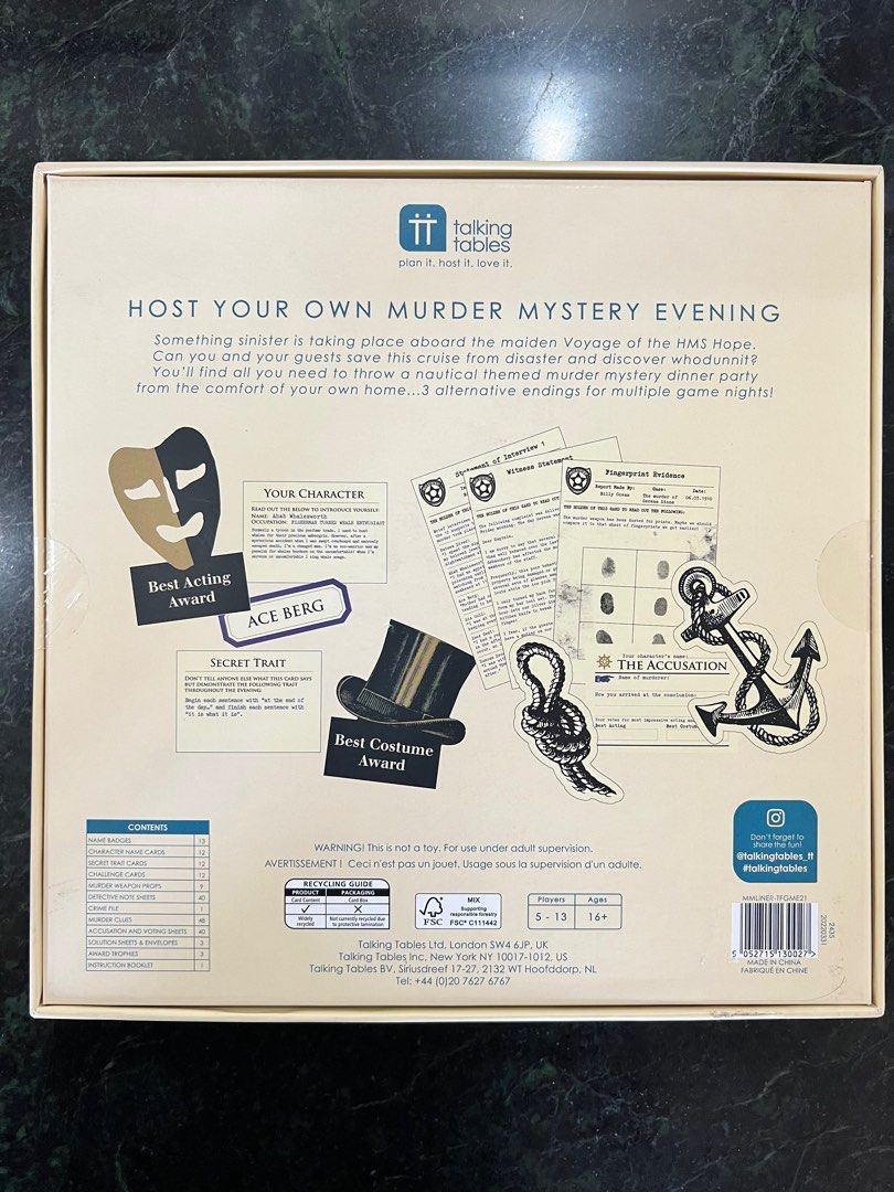 Murder Mystery Aboard the Ocean Liner board game party game, Hobbies ...
