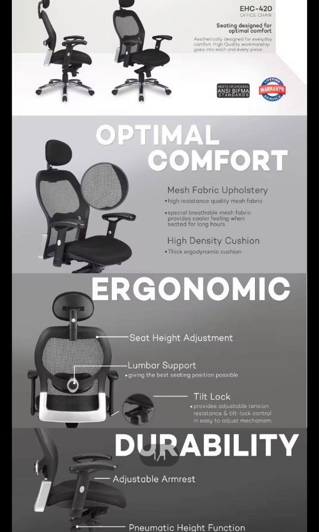 Office chair Ergodynamic EHC-420 With Arm&Headrest on Carousell