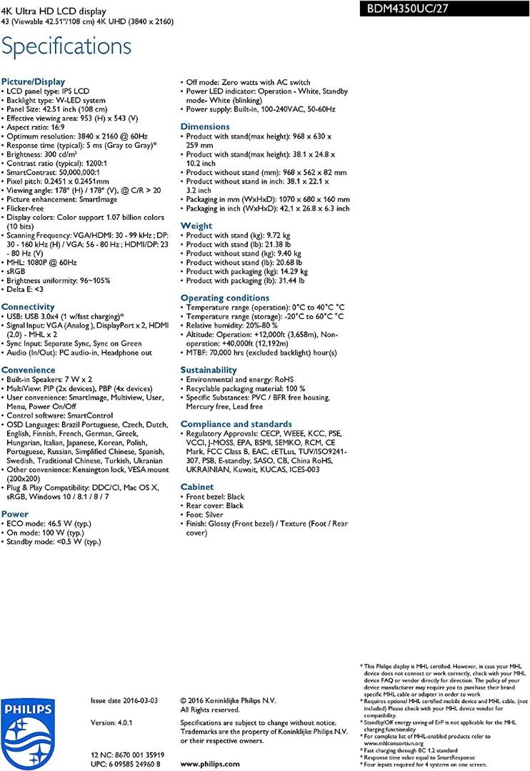 Philips 43 inch Computer Monitor BDM4350UC 43" LED monitor, 4K UHD IPS ...