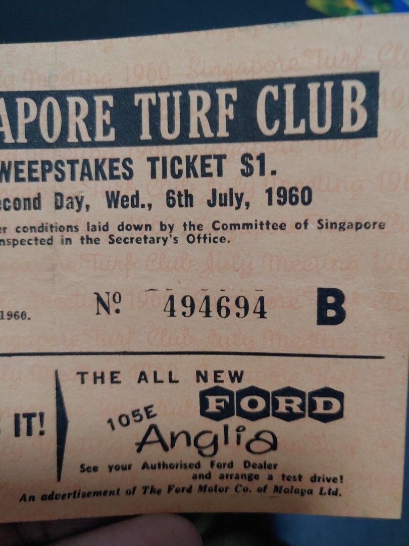Singapore Turf Club Ticket 1960, Hobbies & Toys, Collectibles ...