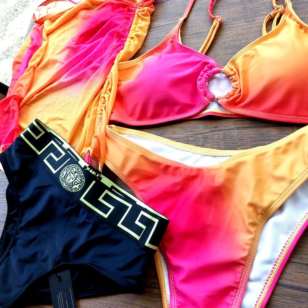 Sunset Orange Swimsuit Ombre Swimwear With Black Bikini 2pc Summer Outfit Beach Suit Swimming