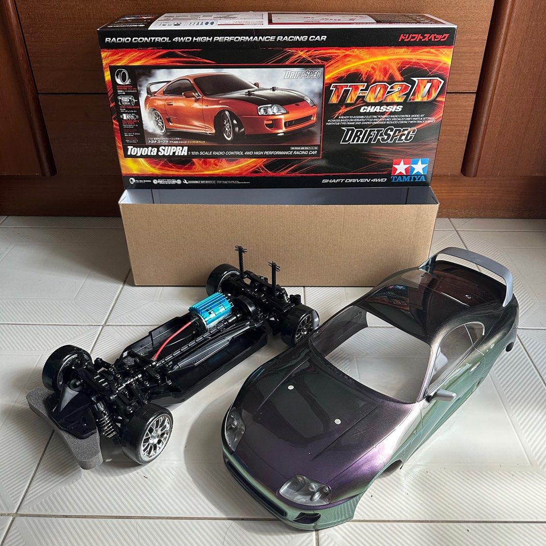 Tamiya TT-02 D chassis drift spec Toyota Supra painted with PS-46 Iridescent purple/green and PS ...