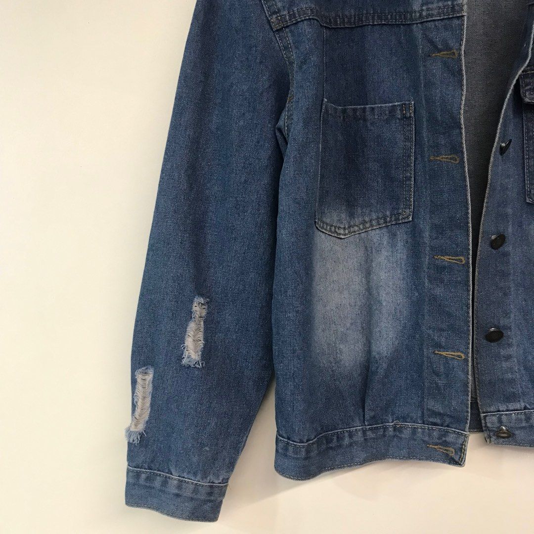 Vintage Distressed Tattered Button-Down Denim Jacket, Women's Fashion ...